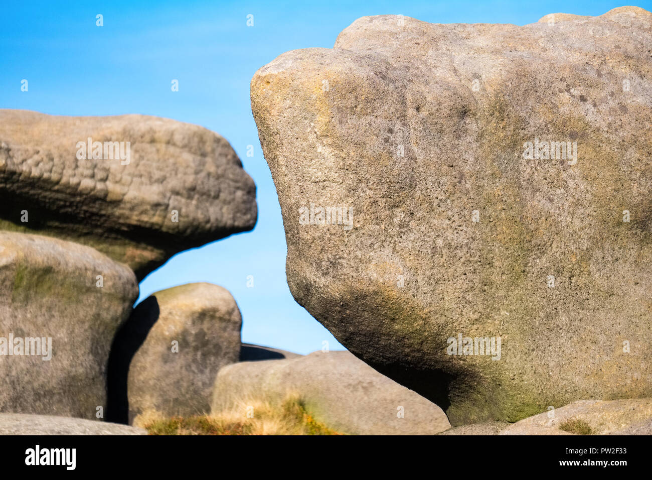 Weathered gritstone boulders at The Woolpacks on Kinder Scout in the ...