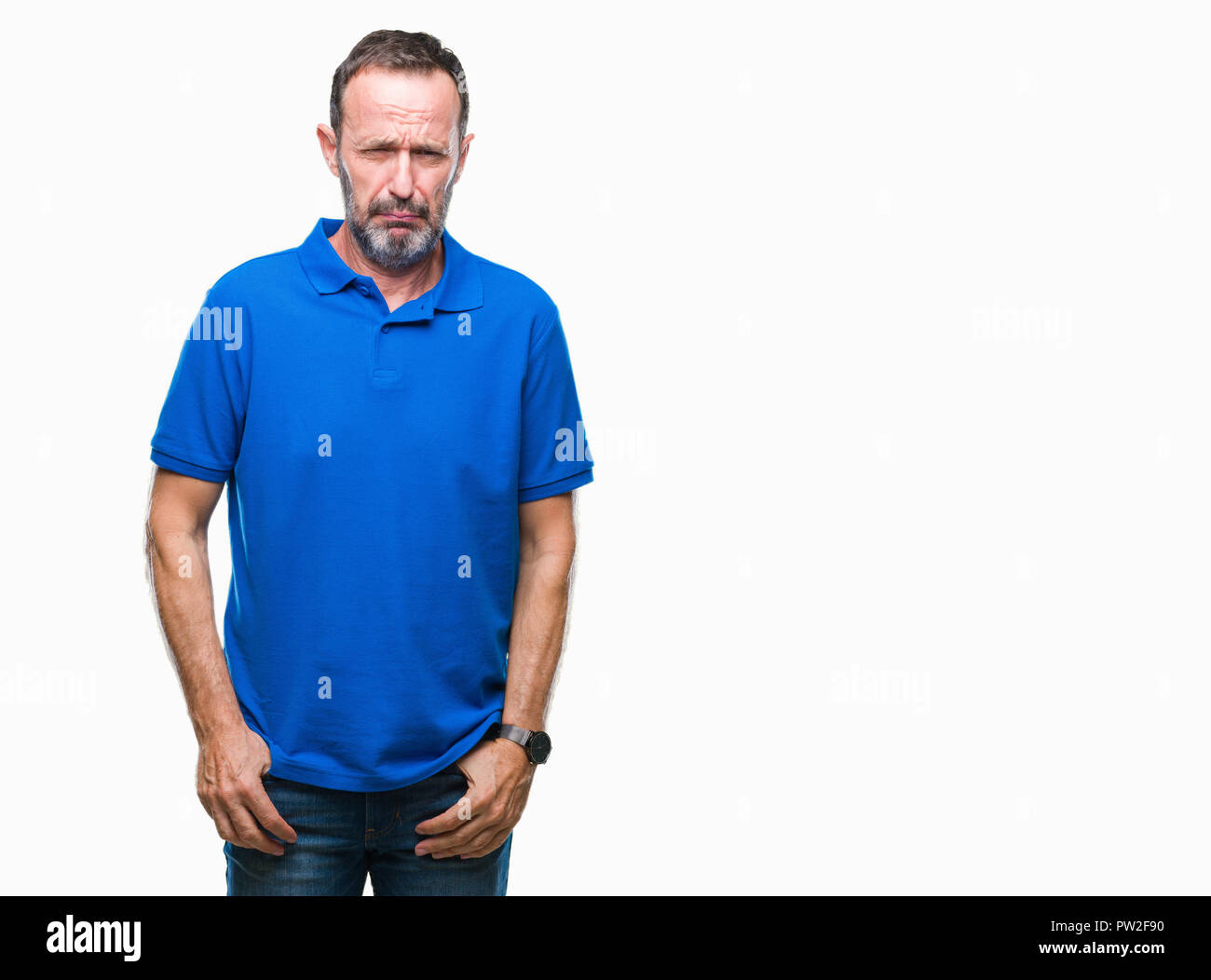 Middle age hoary senior man over isolated background depressed and ...