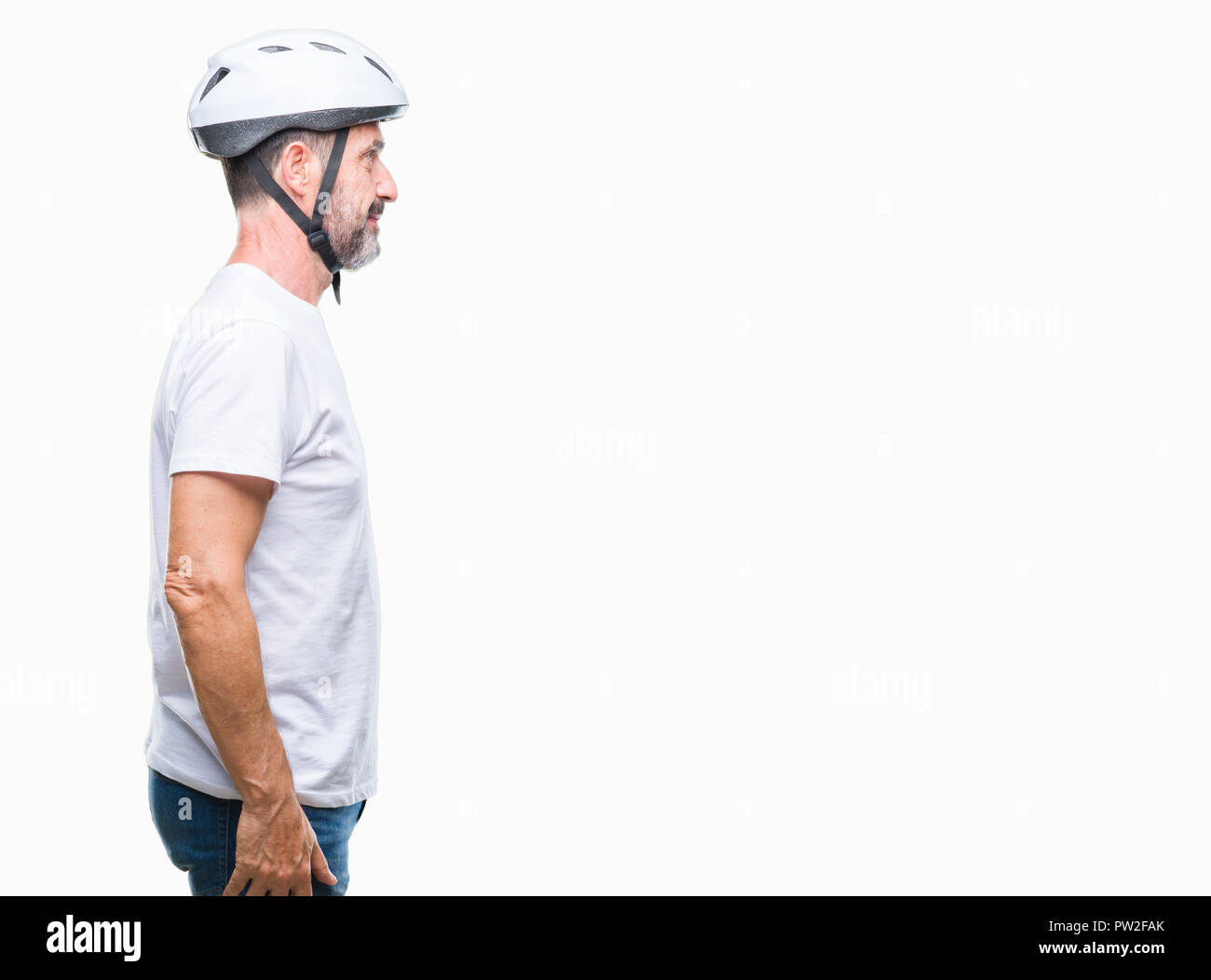 Middle age senior hoary cyclist man wearing bike safety helment ...