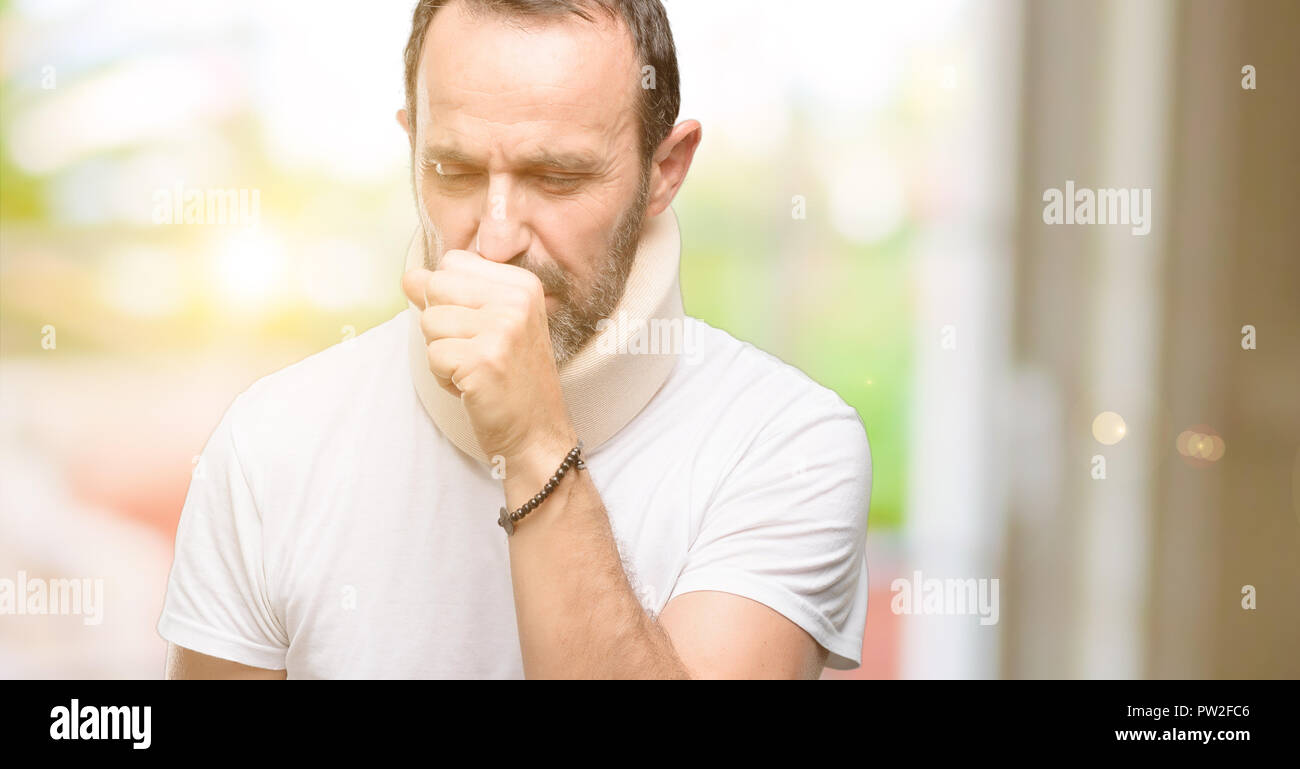 Injured senior man using a neck brace sick and coughing, suffering ...
