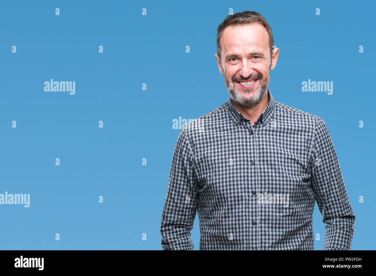 Middle age hoary senior man over isolated background with a happy and ...