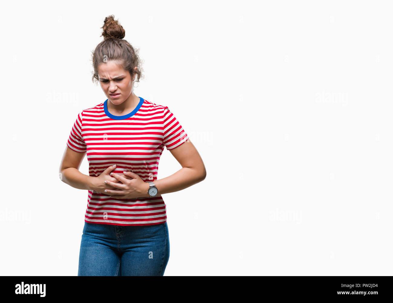 Beautiful brunette curly hair young girl wearing casual look over ...