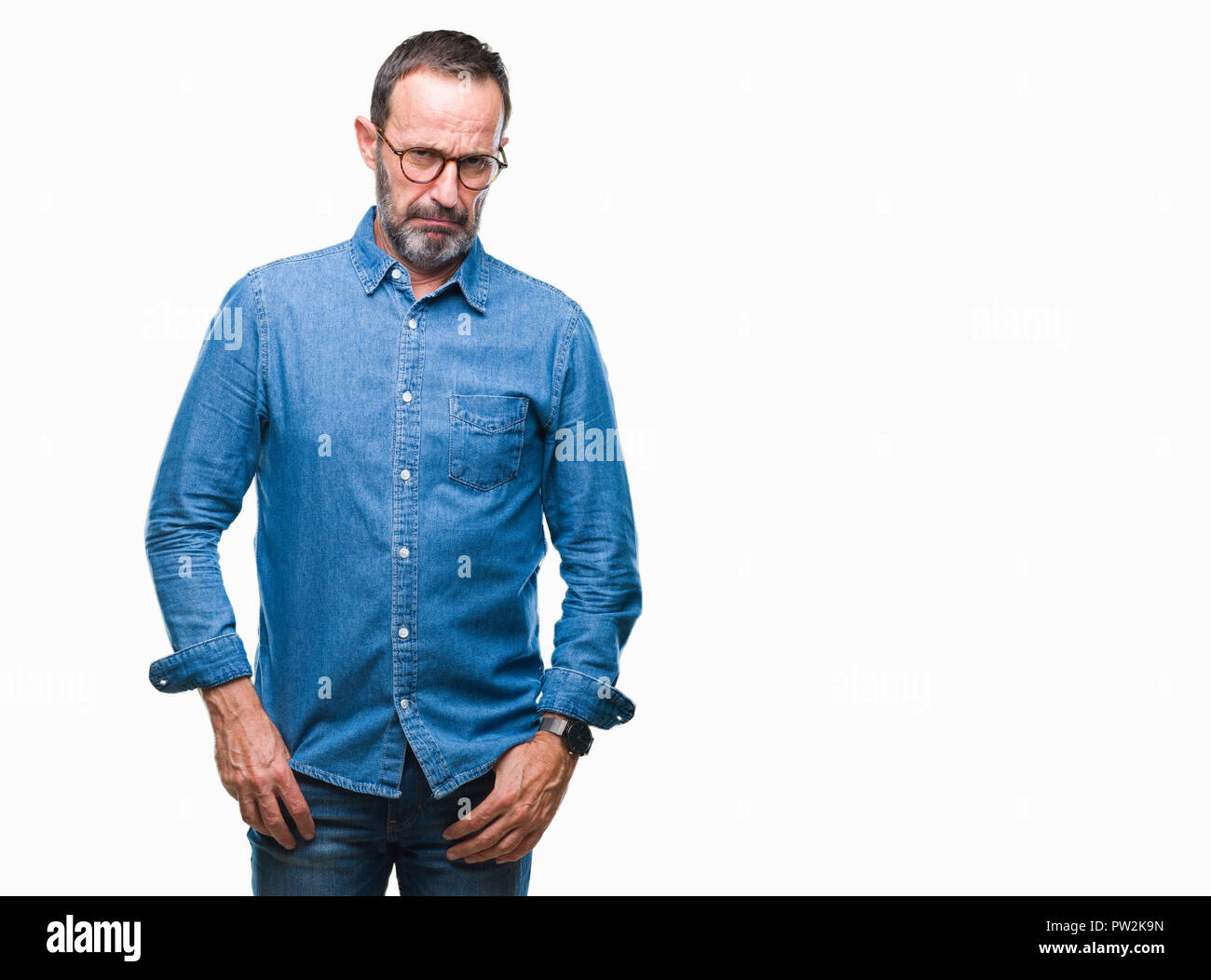 Middle age hoary senior man wearing glasses over isolated background ...