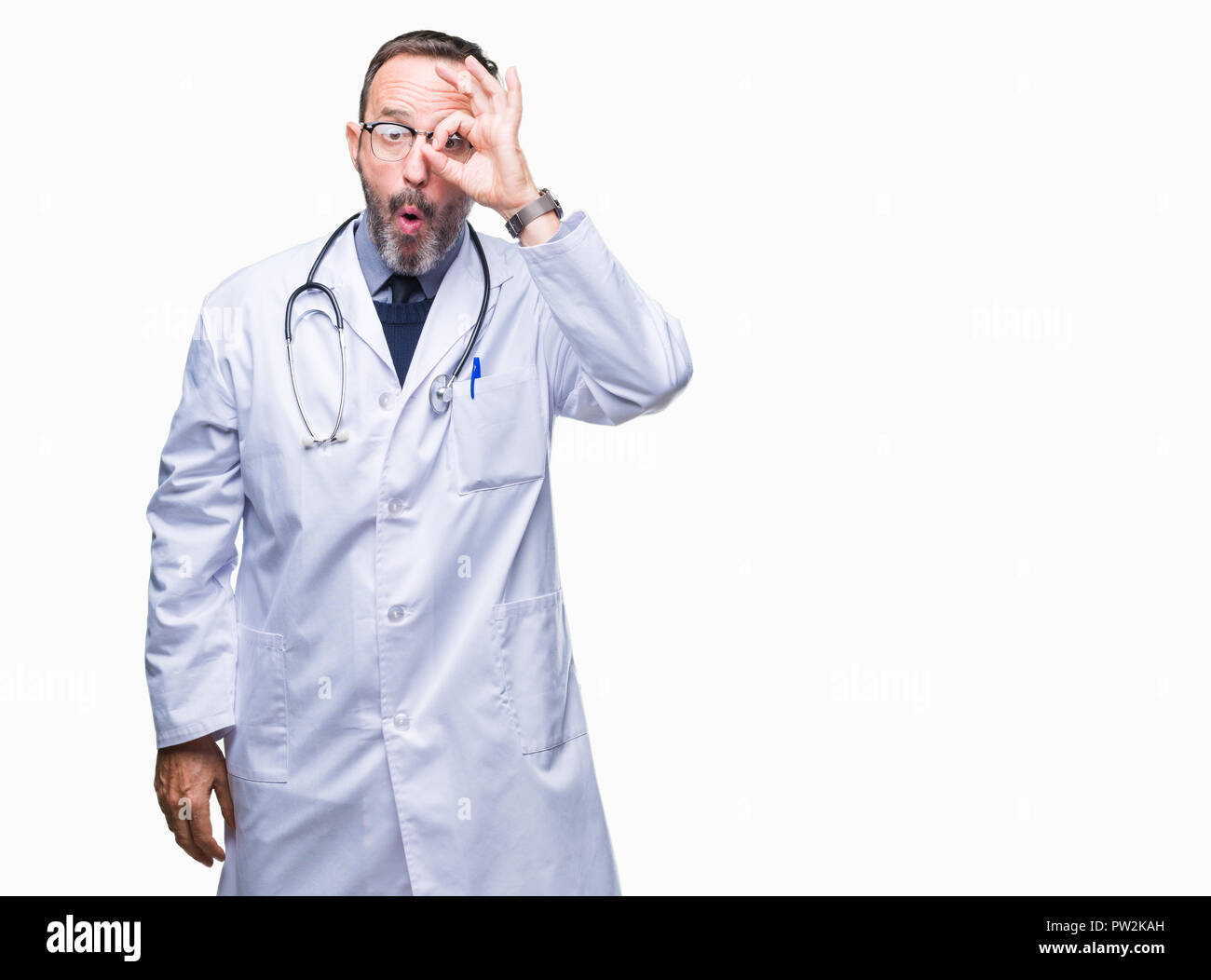 Middle age senior hoary doctor man wearing medical uniform isolated ...