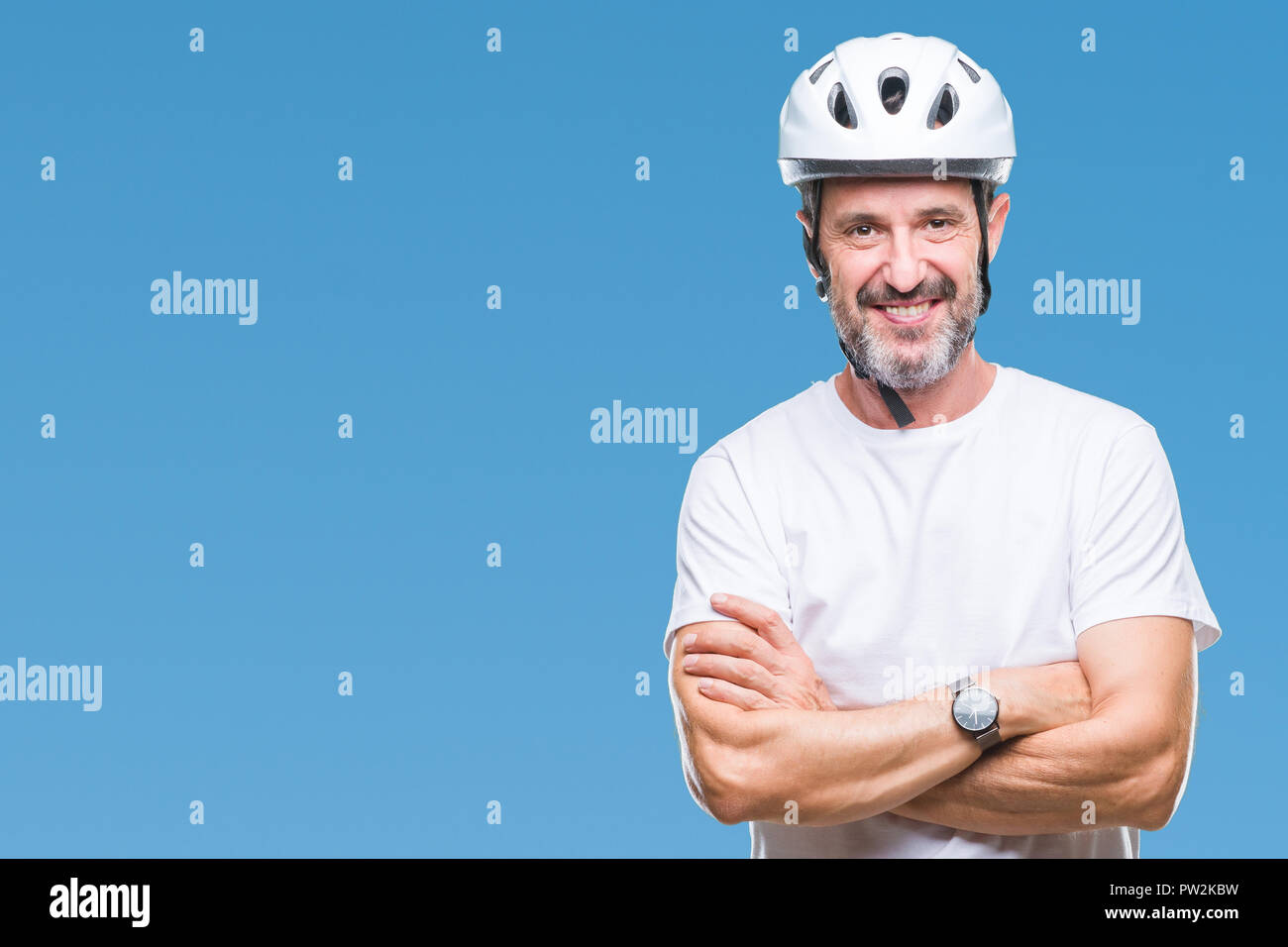 Middle age senior hoary cyclist man wearing bike safety helment ...