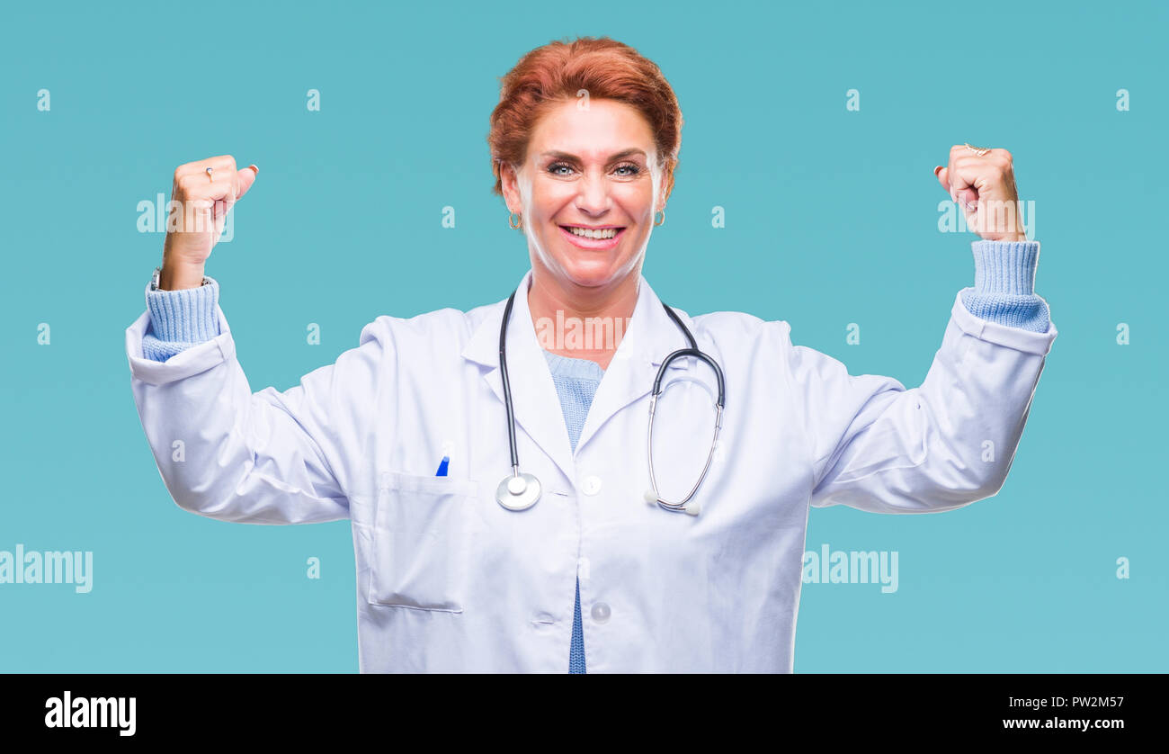 Senior caucasian doctor woman wearing medical uniform over isolated ...