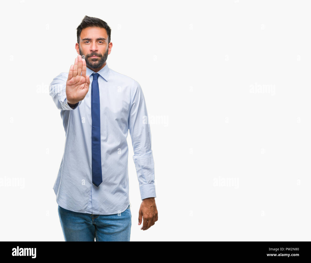 Adult hispanic business man over isolated background doing stop sing ...