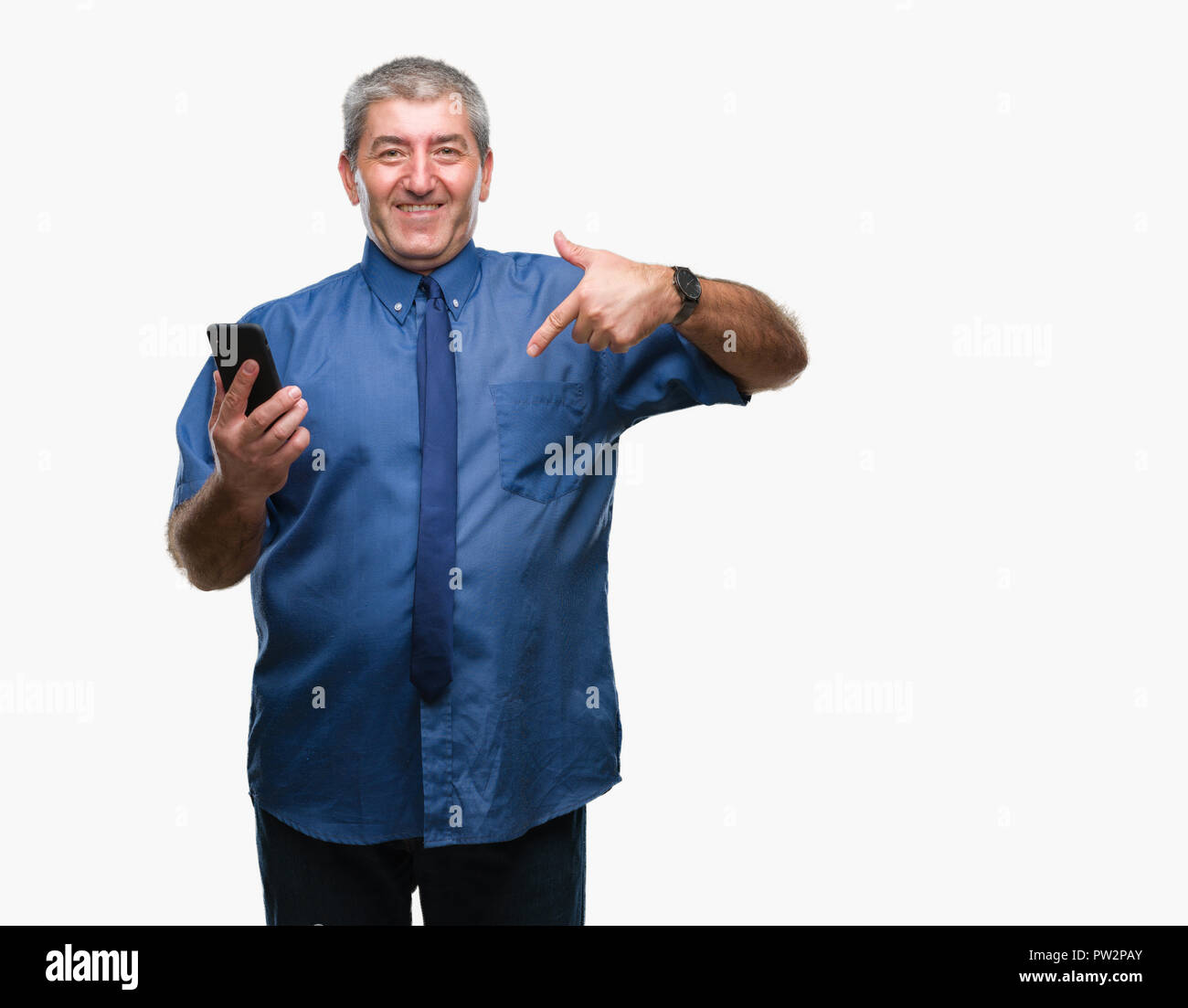 Handsome senior man texting sending message using smartphone over ...