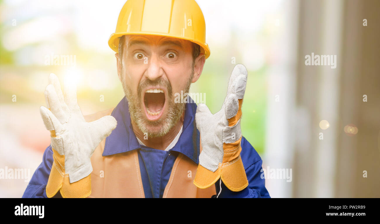 Senior engineer man, construction worker stressful keeping hands on ...
