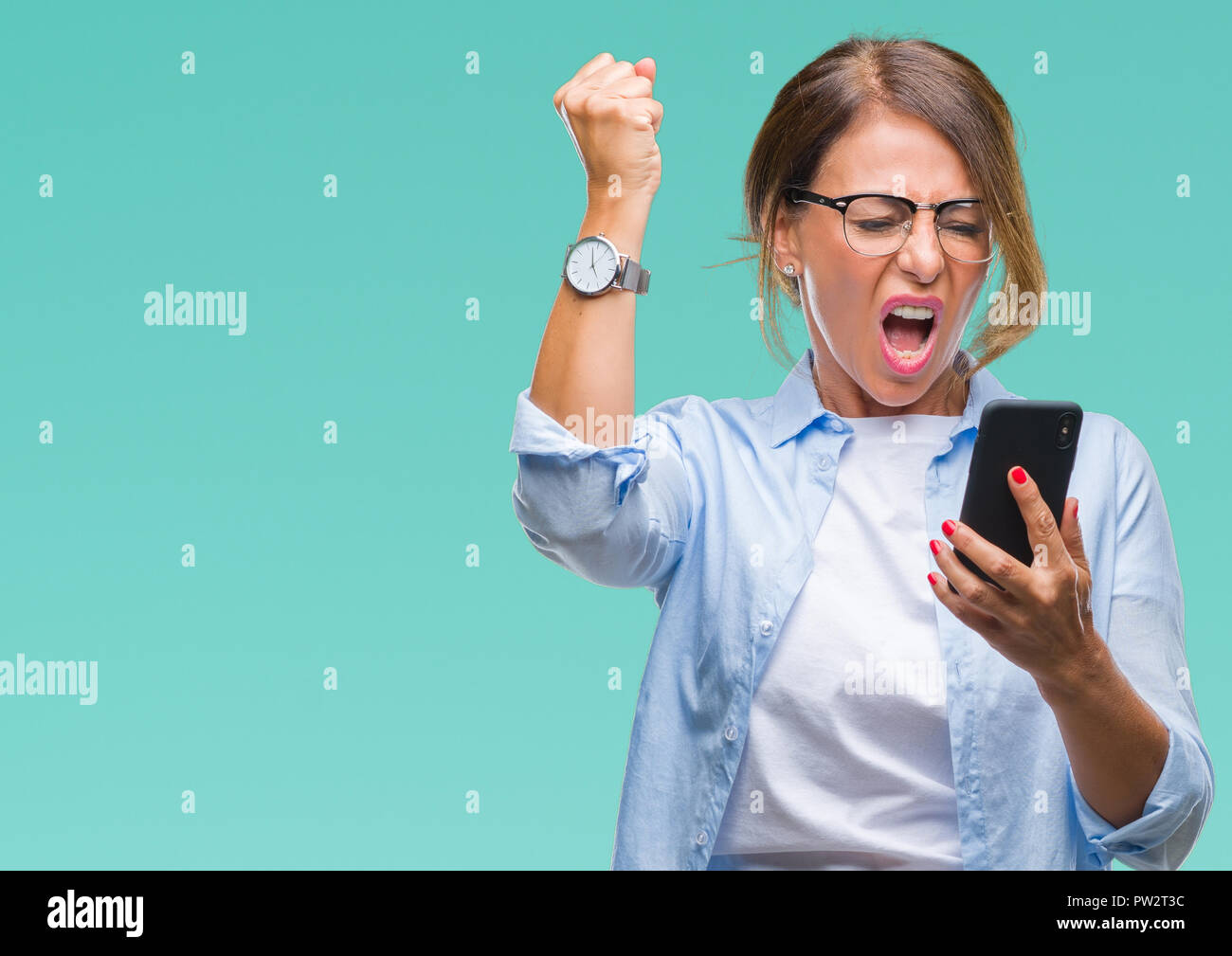 Middle age senior woman texting sending message using smartphone over ...