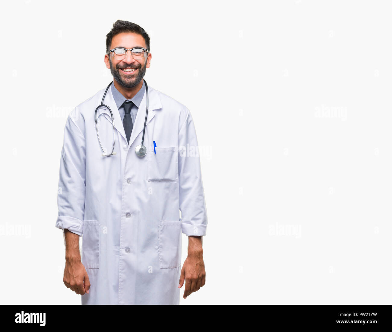 Adult hispanic doctor man over isolated background with a happy and ...