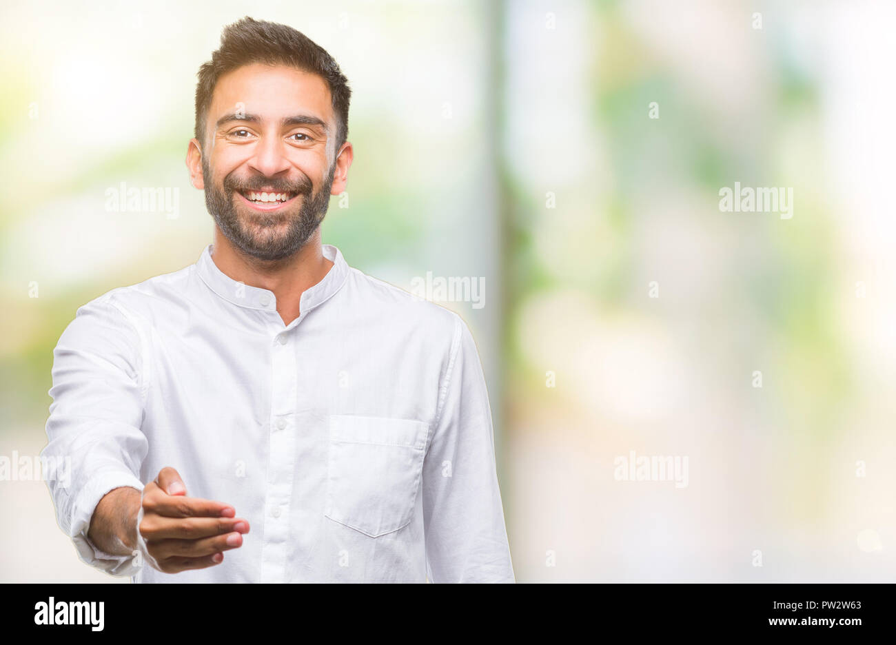 Adult hispanic man over isolated background smiling friendly offering ...