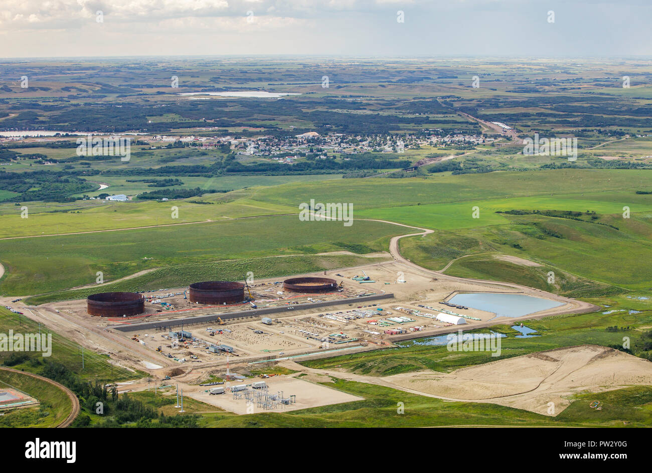 Aerial view of construction of petroleum storage tank farm near ...