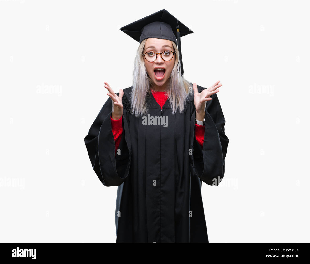 Young blonde woman wearing graduate uniform over isolated background ...