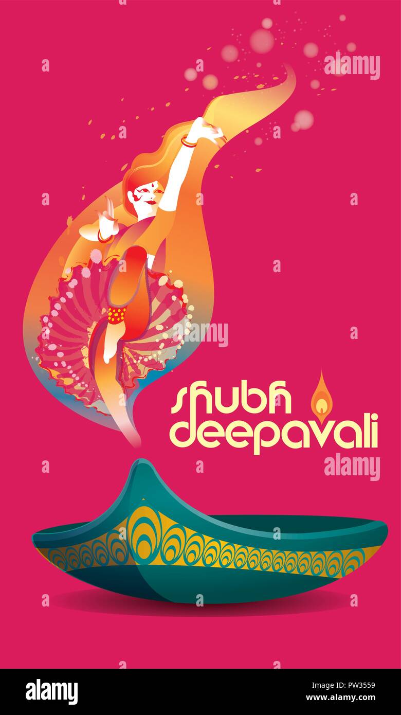 Vector for Deepavali or Diwali, with a dancing woman, oil lamp and ...