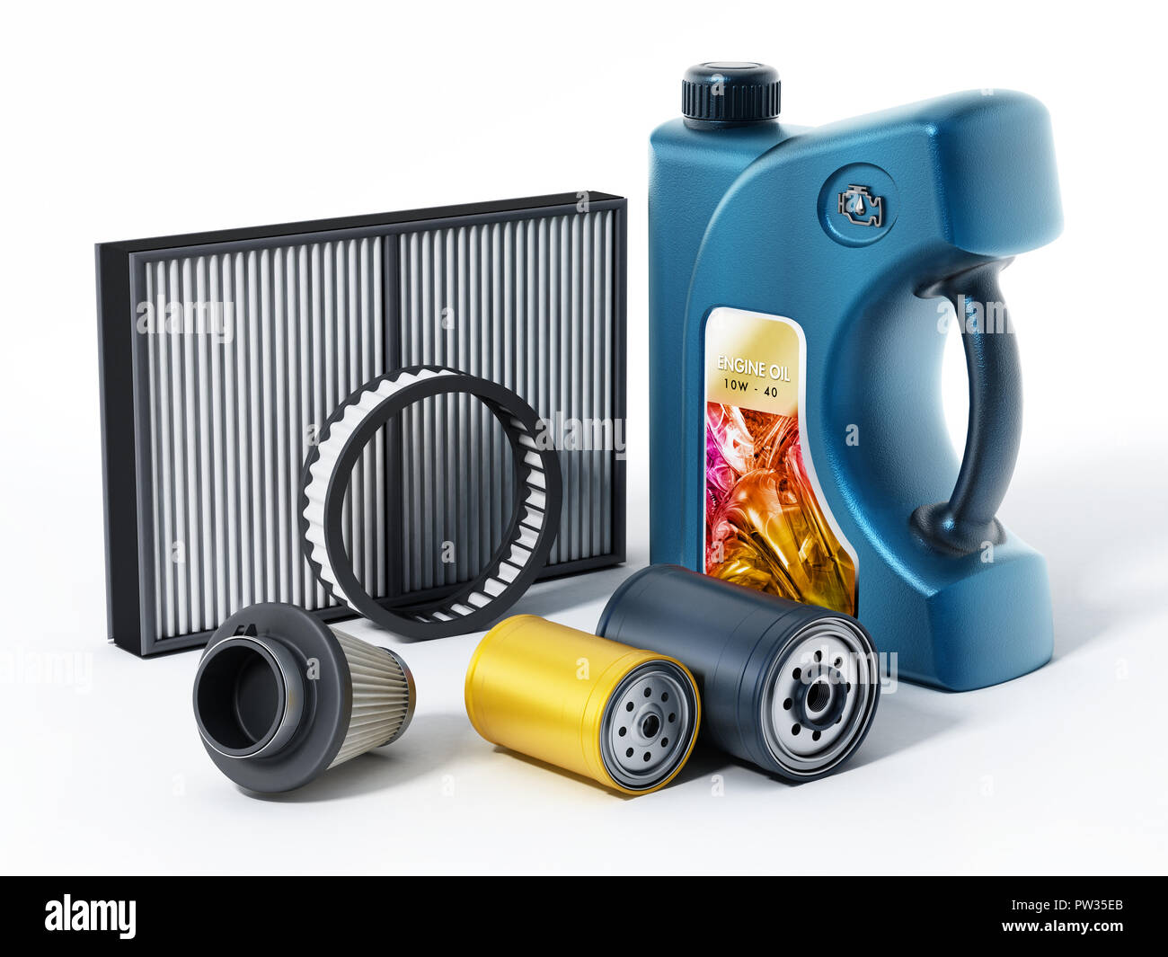 Car engine oil, and filters isolated on white background. 3D ...