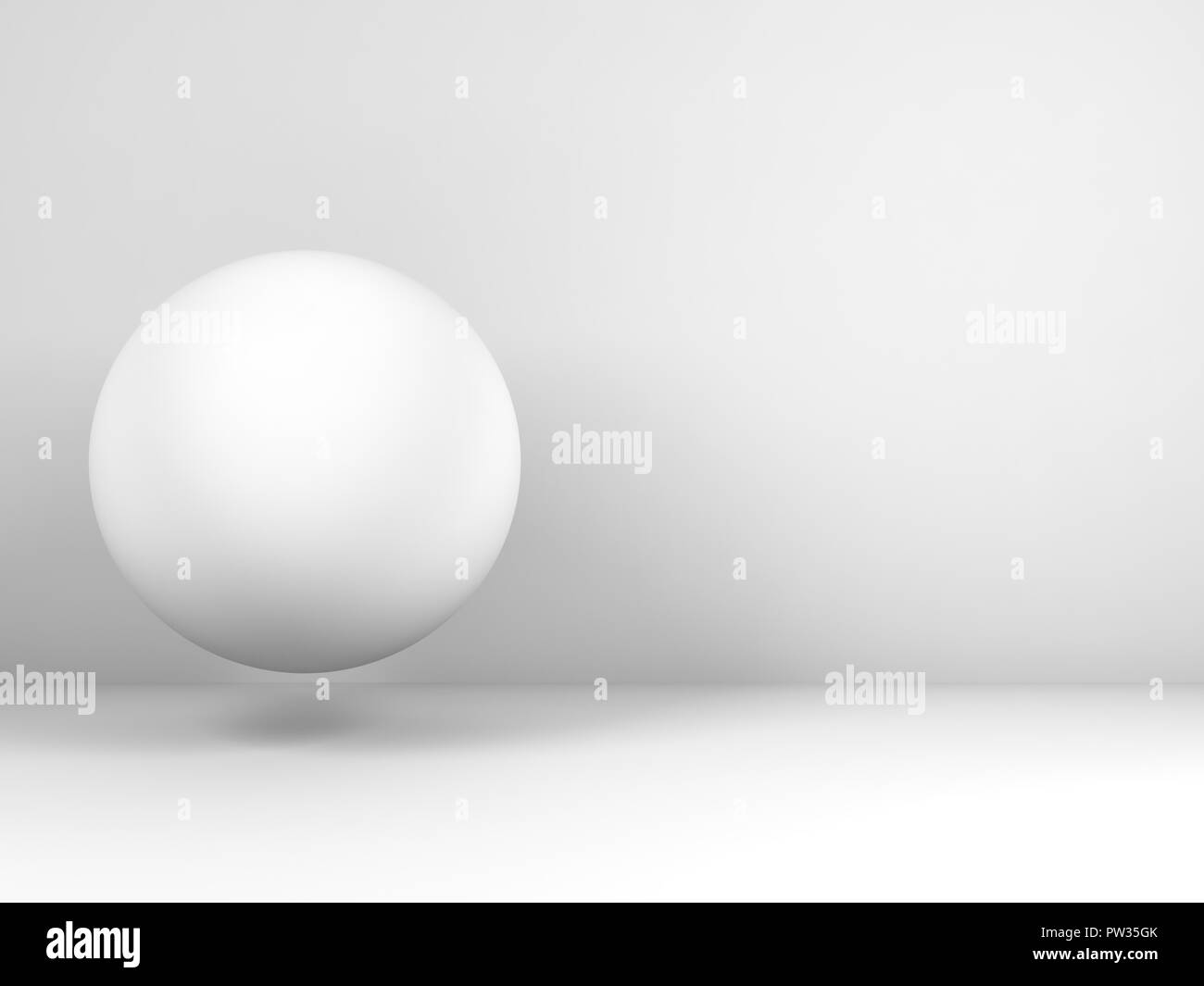 White sphere object flying over abstract white interior background, 3d ...