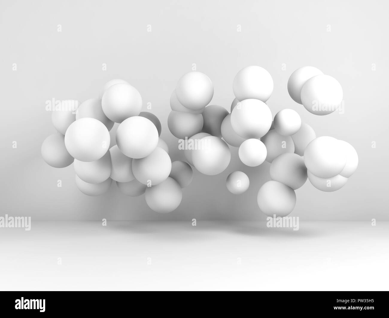 Cloud of spheres flying in abstract white room. Digital background, 3d ...