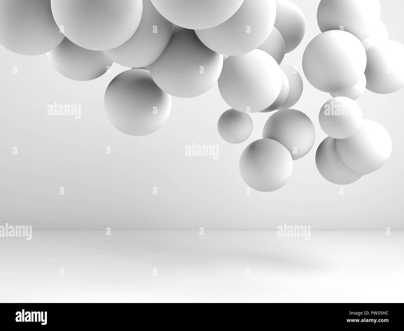 Cloud of spheres flying in abstract white room interior. Digital ...