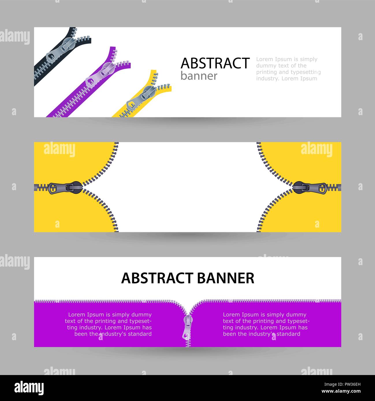 Set horizontal banners with empty place for text. metal zippers for clothing in different colors ...