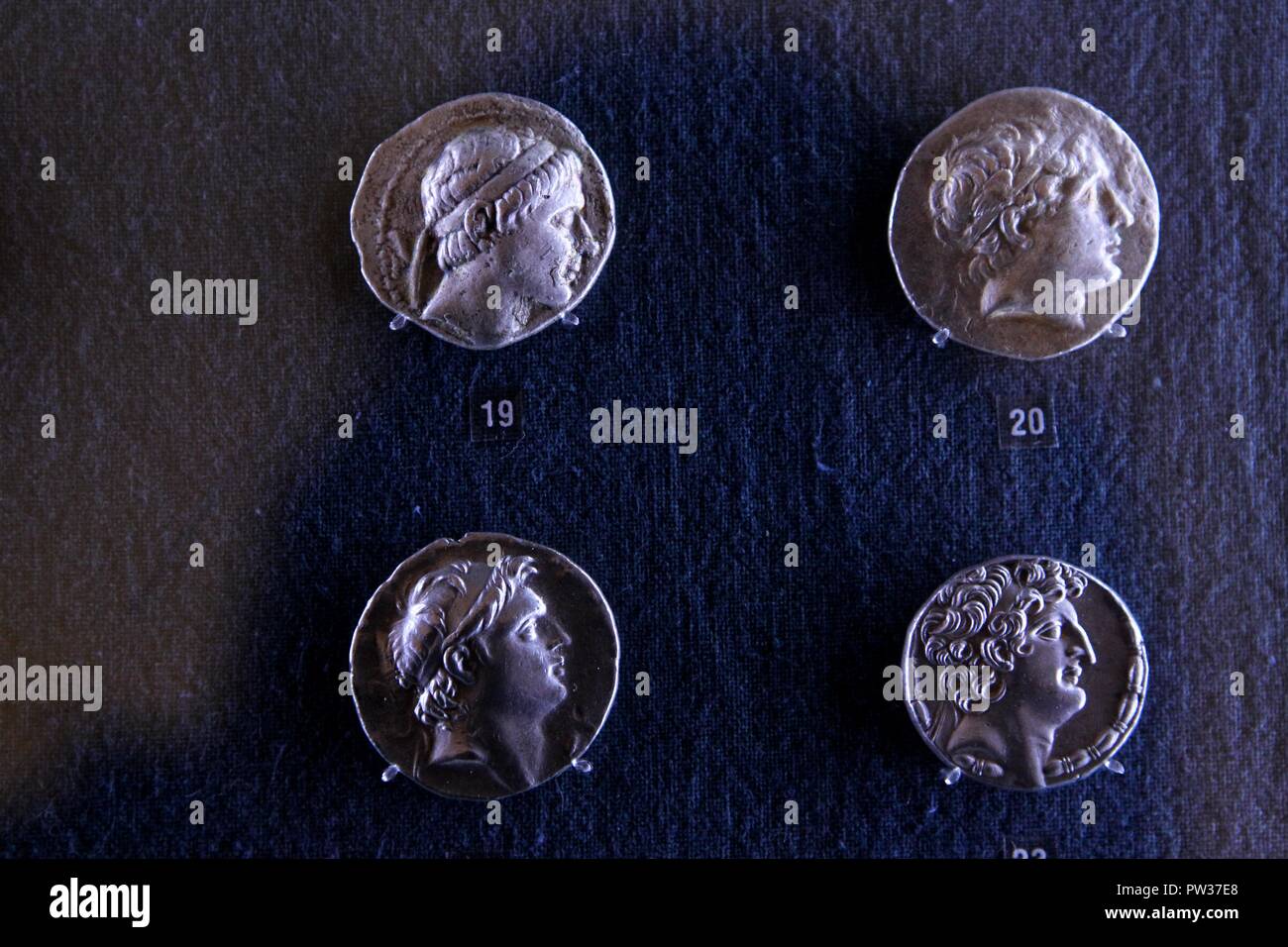 Ancient Greek coins.in Numismatic museum Athens Greece Stock Photo - Alamy