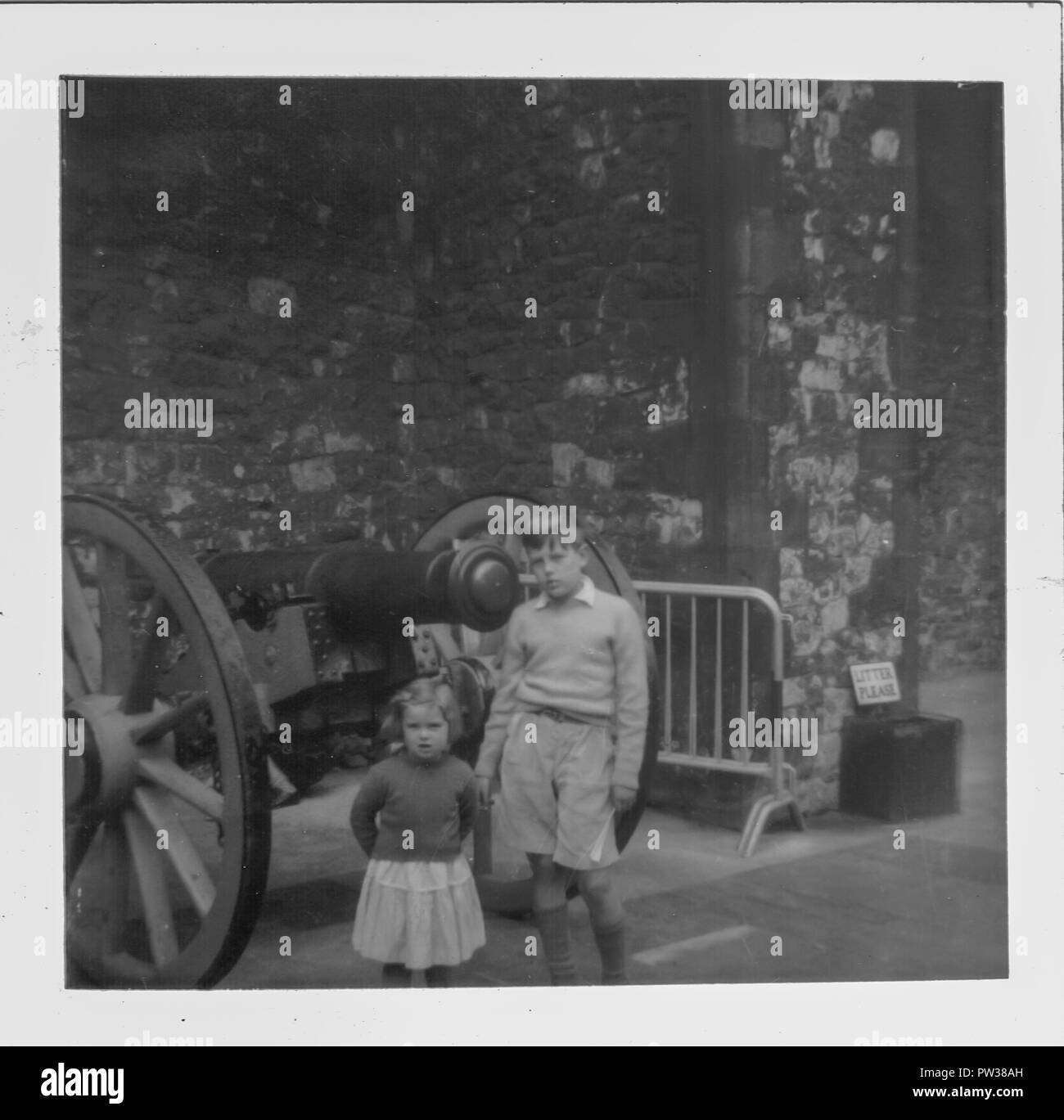 Tower of London UK 1963, young Caucasian boy aged 11 and girl aged 3 ...