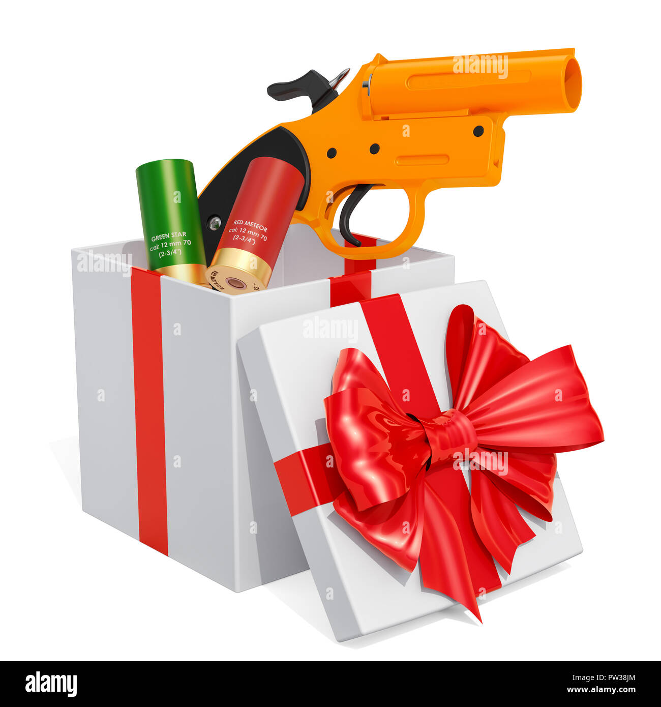 Gift concept, signal flare launcher with aerial flares inside gift box ...