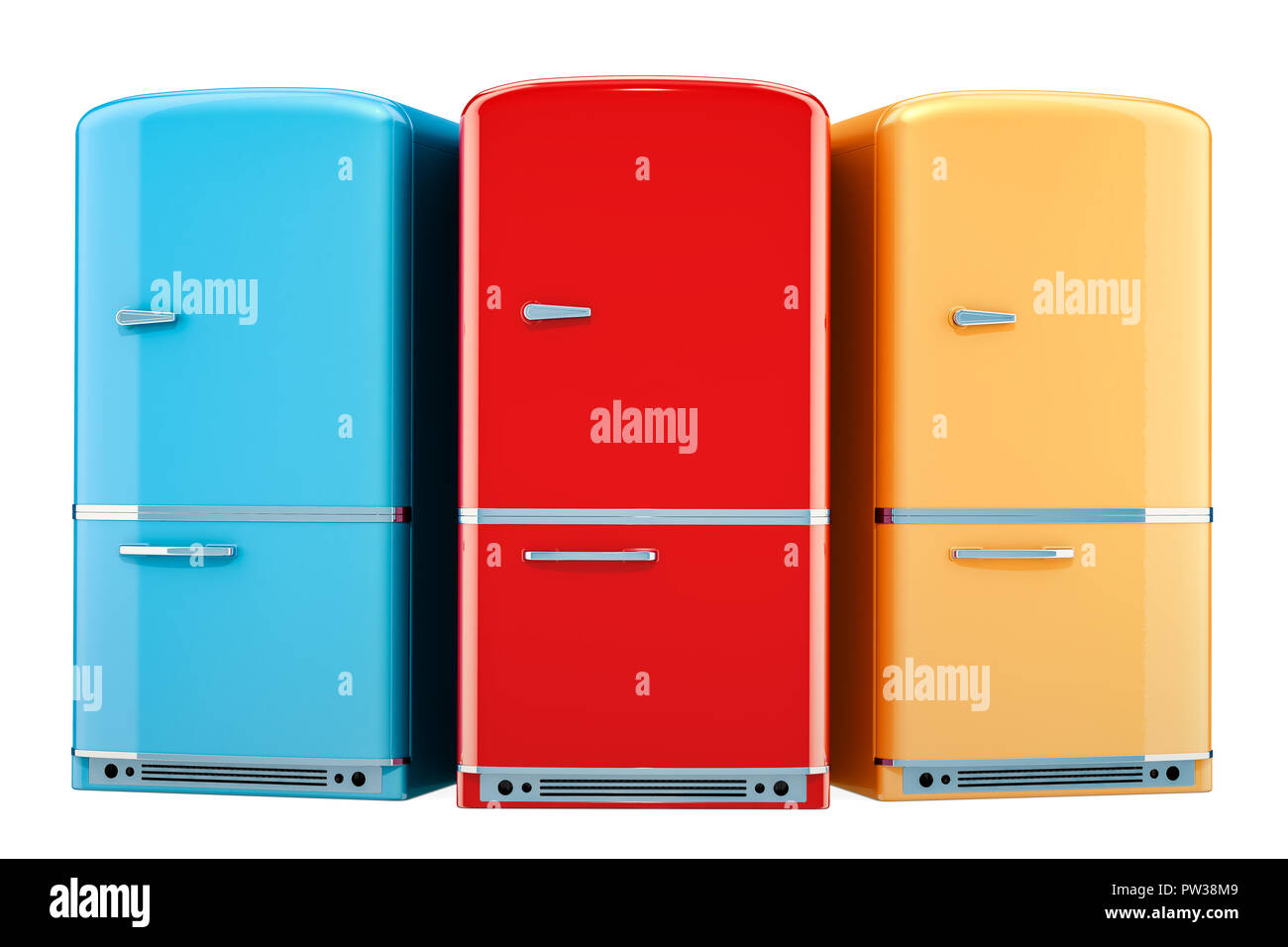 Set of colored fridges, retro design. 3D rendering isolated on white ...