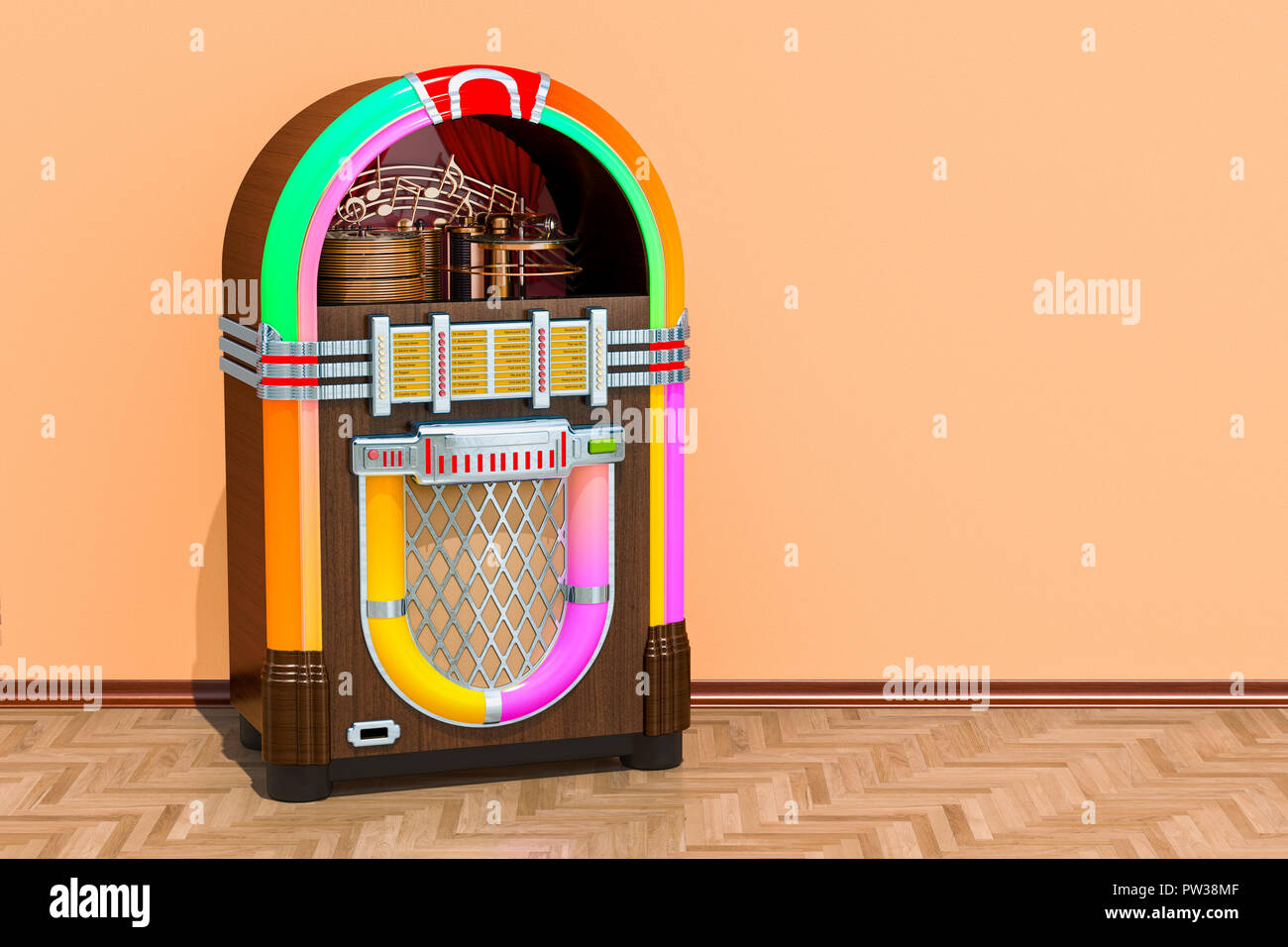 Vintage jukebox in room on the wooden floor, 3D rendering Stock Photo ...