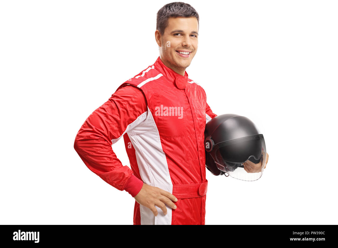 Racer holding a helmet and smiling isolated on white background Stock ...