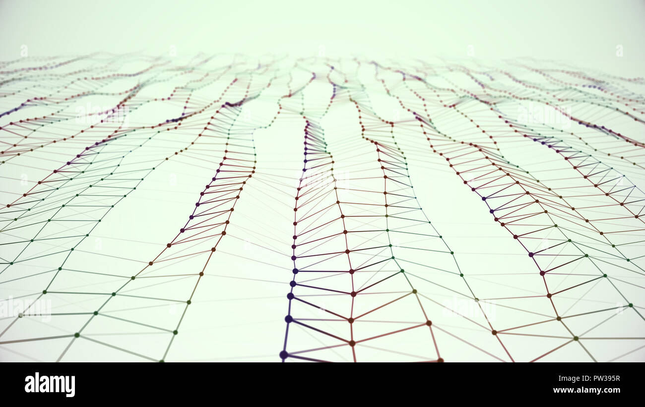 Modern abstract particle surface wave. Wavy grid of bright colorful ...