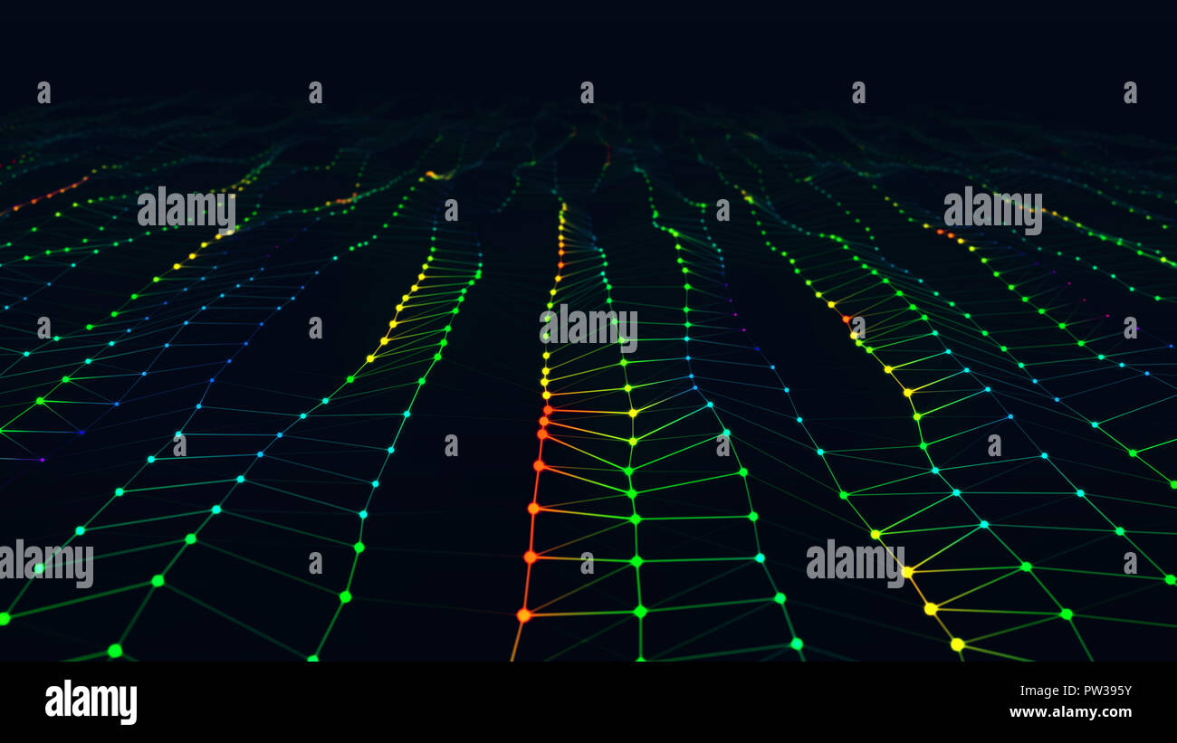 Modern abstract particle surface wave. Wavy grid of bright colorful ...