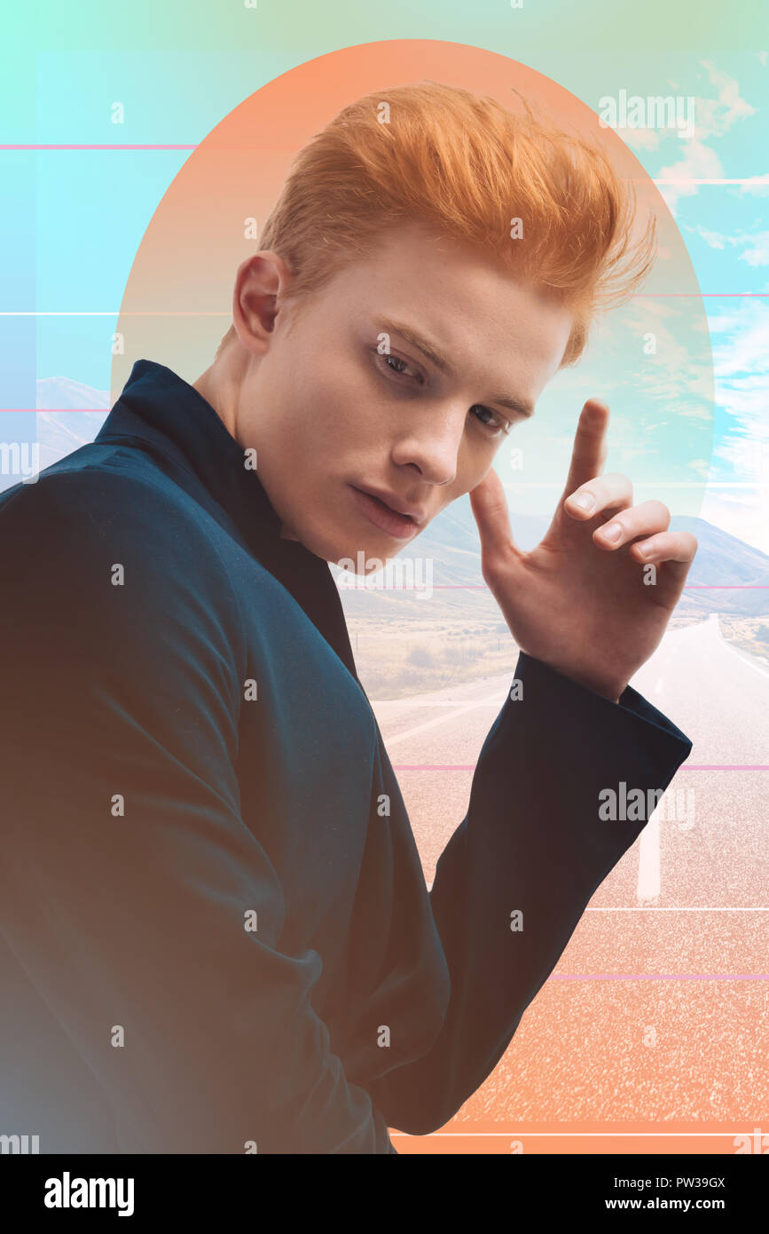 Handsome man raising his hand Stock Photo - Alamy