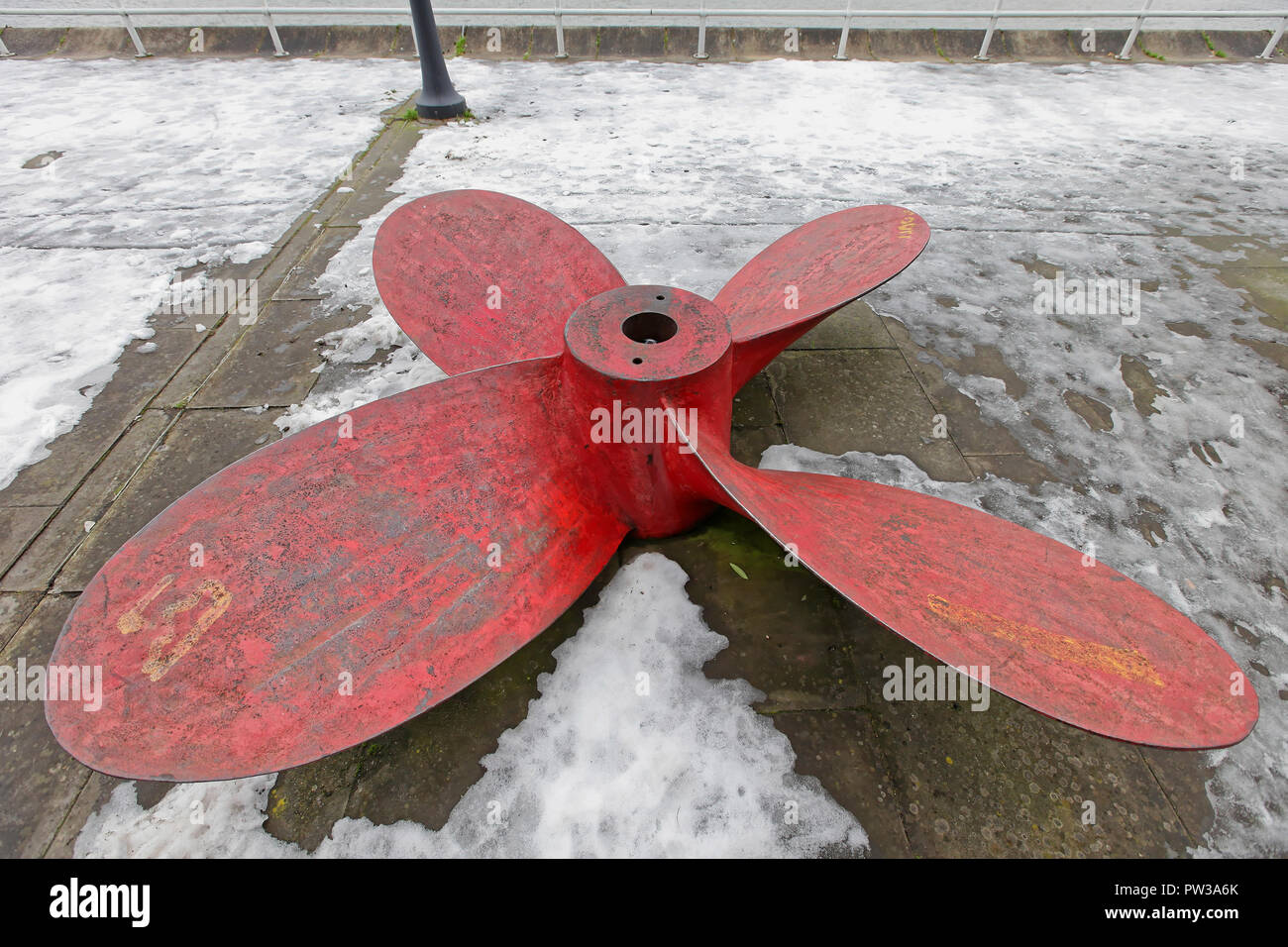 Big Red Propeller With Four Blades From Ship Stock Photo - Alamy
