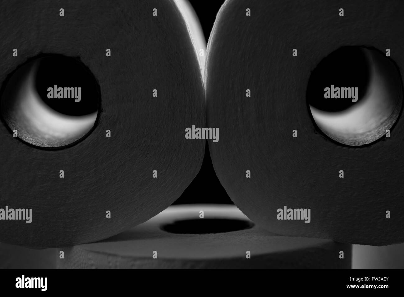 Toilet paper with heavy contrast creating abstract patterns in black ...