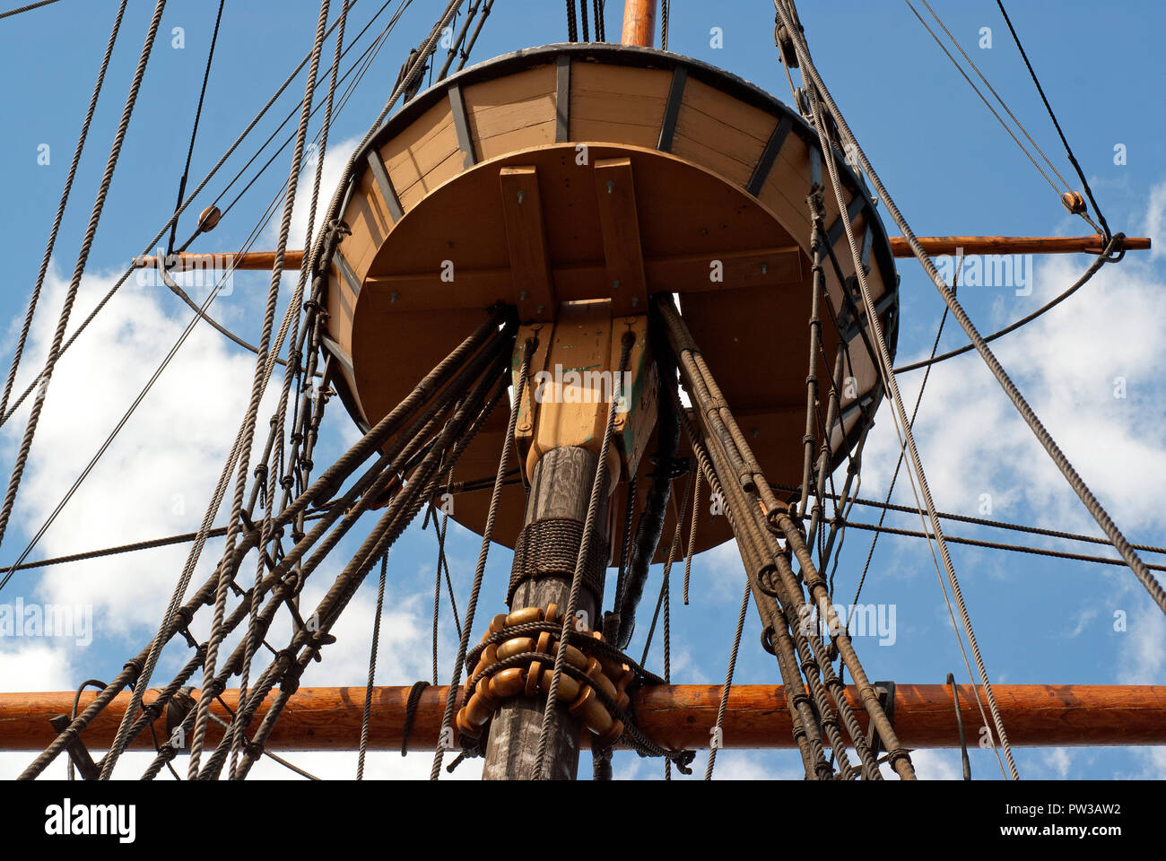 Crow's nest of the Mayflower II ship, replica of the original Mayflower ...