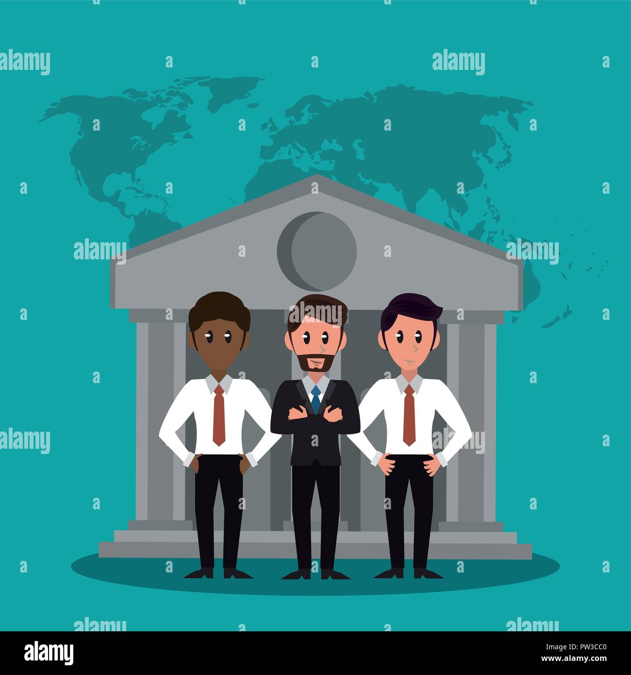 Bankers teamwork over bank building cartoon vector illustration graphic ...