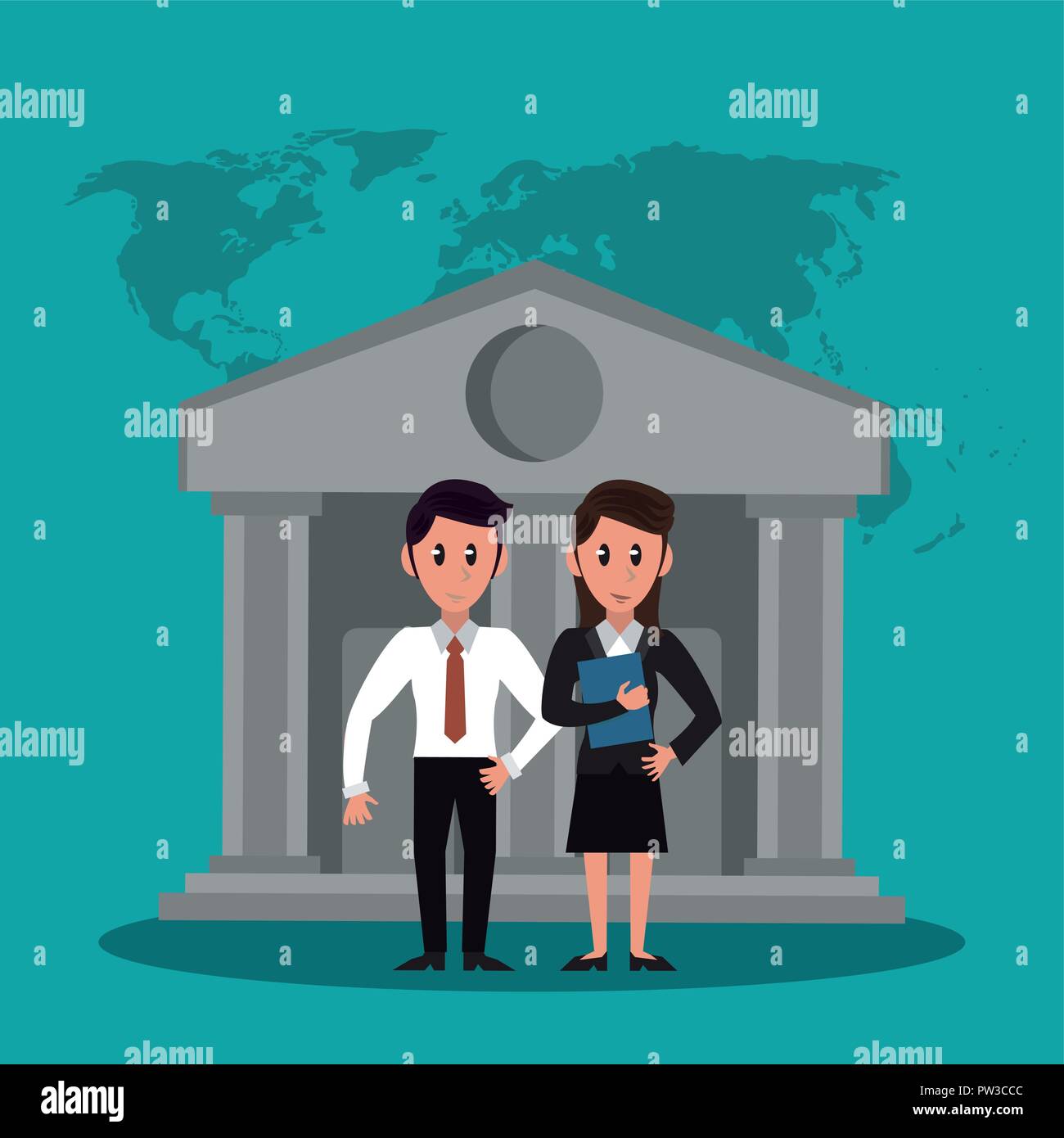 Bankers teamwork over bank building cartoon vector illustration graphic ...