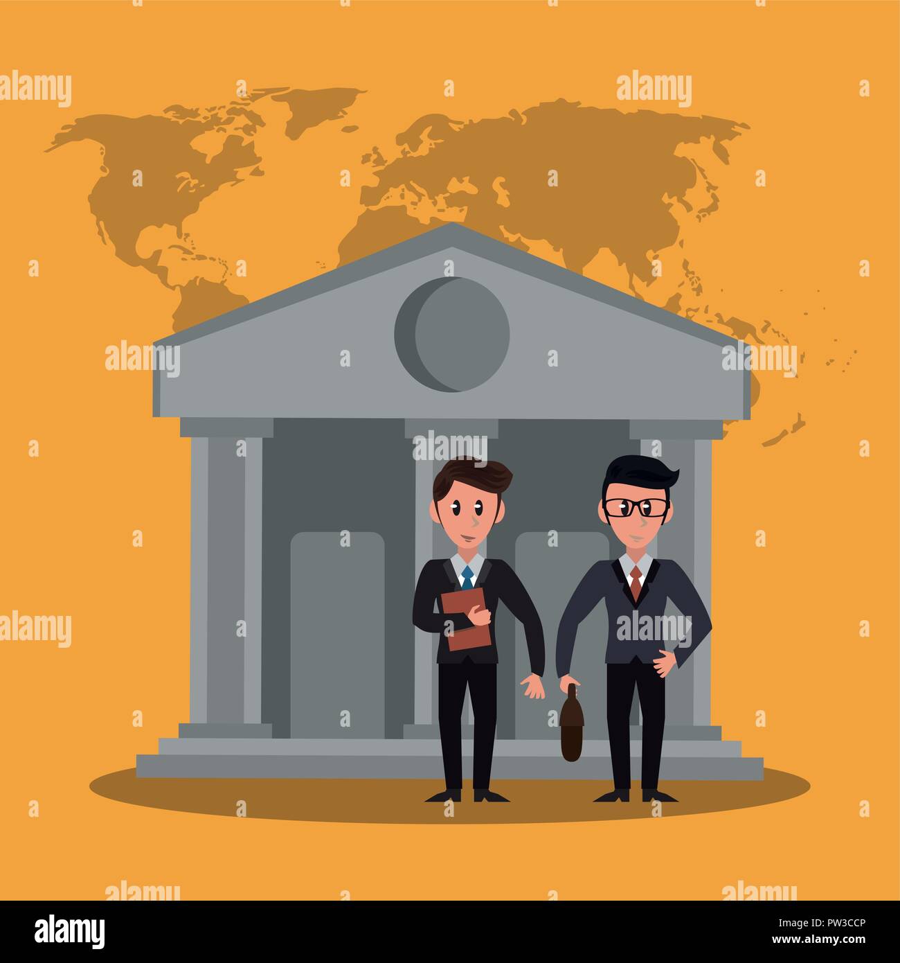 Bankers teamwork over bank building cartoon vector illustration graphic ...