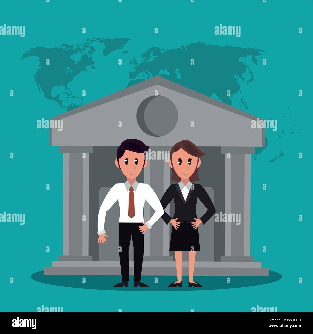 Bankers teamwork over bank building cartoon vector illustration graphic ...