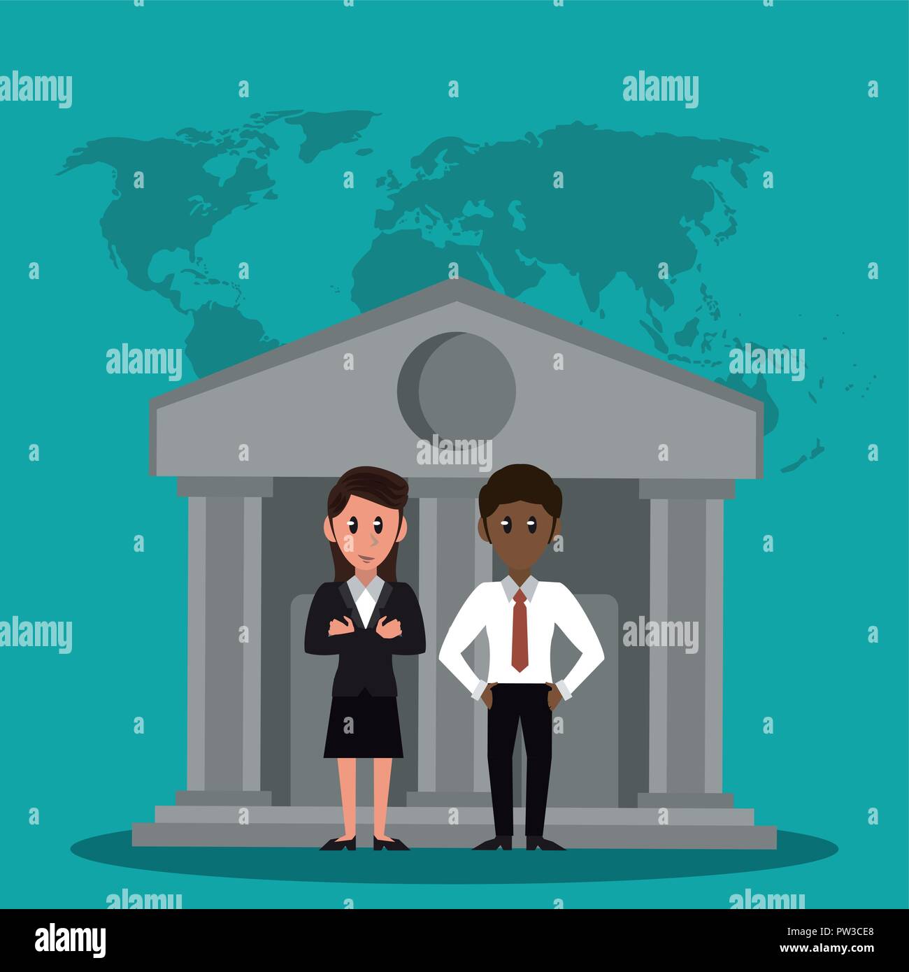 Bankers teamwork over bank building cartoon vector illustration graphic ...