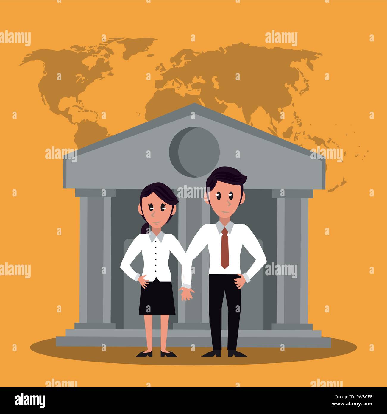 Bankers teamwork over bank building cartoon vector illustration graphic ...