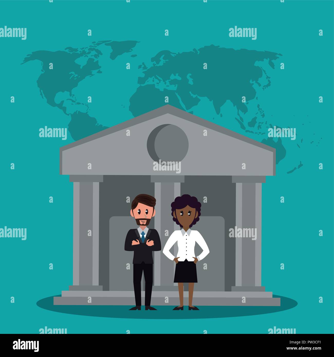 Bankers teamwork over bank building cartoon vector illustration graphic ...