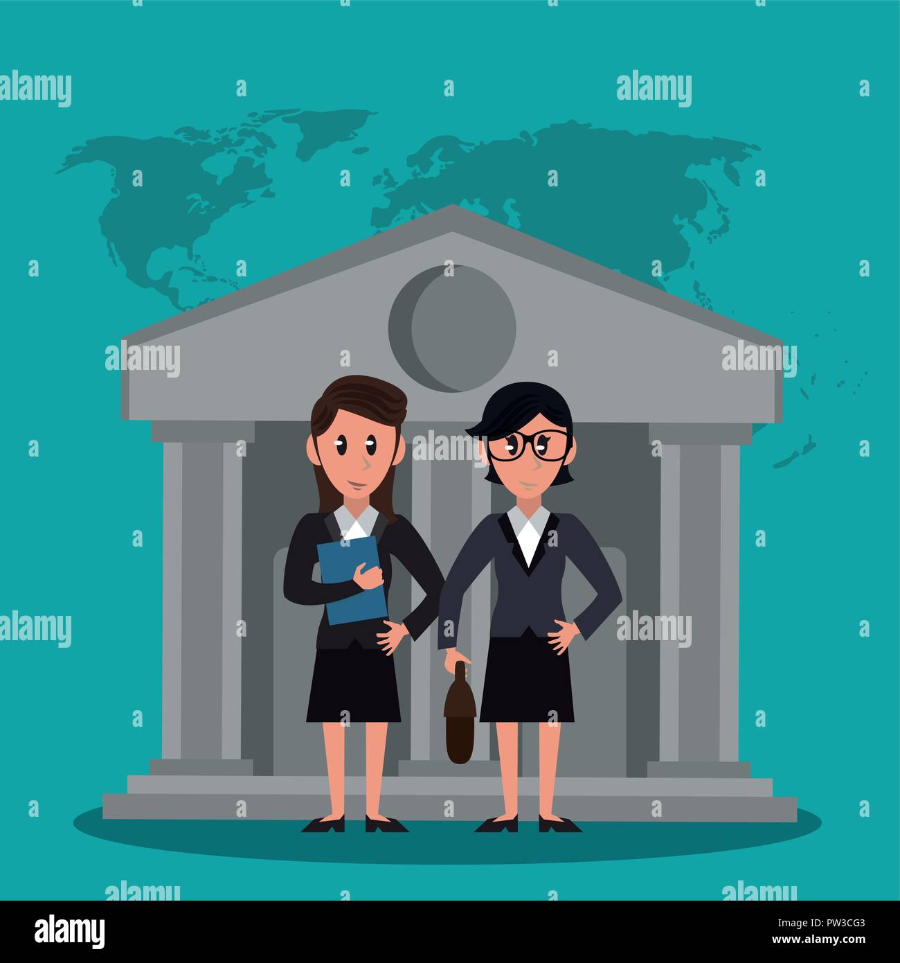 Bankers teamwork over bank building cartoon vector illustration graphic ...