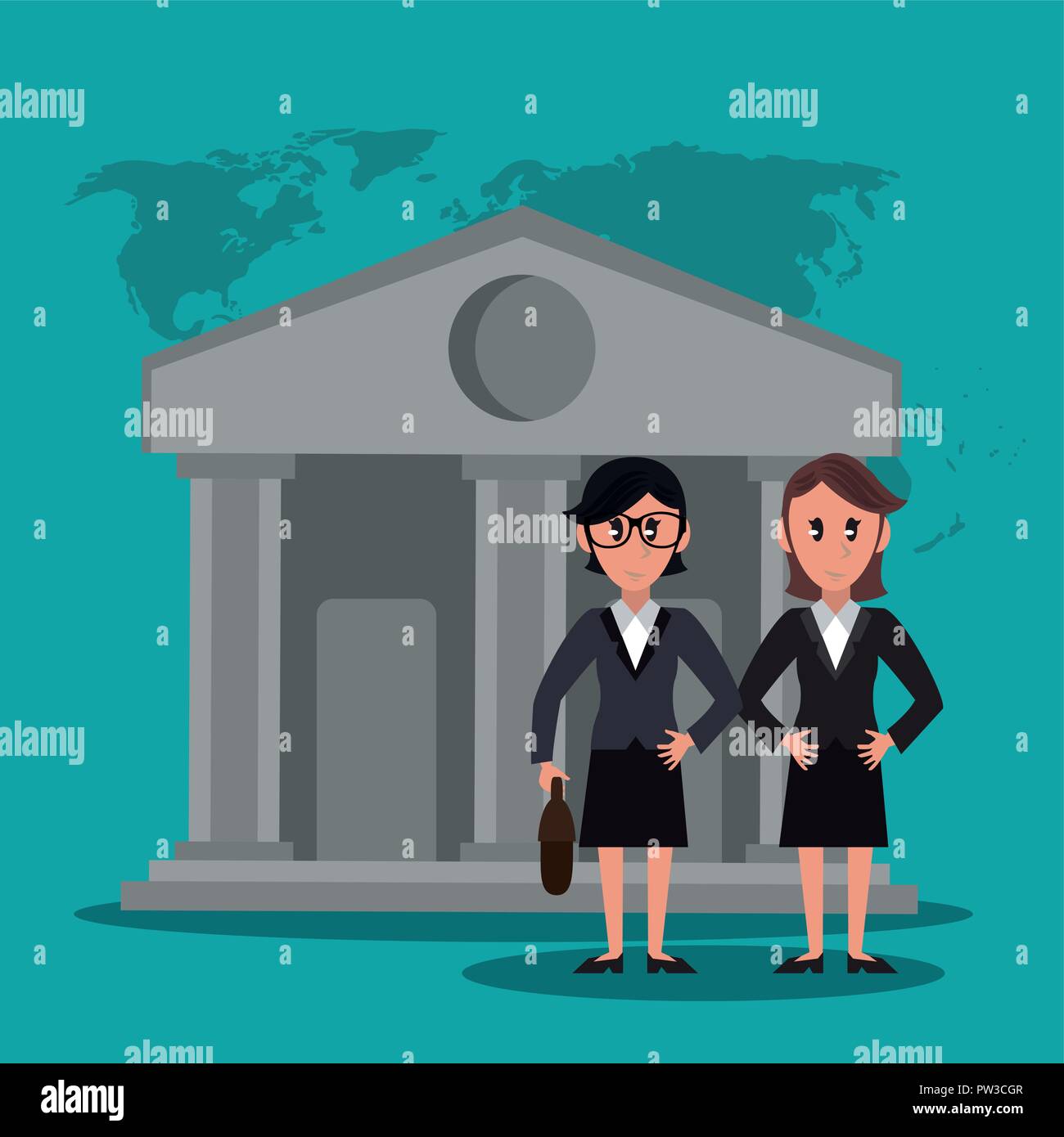 Bankers teamwork over bank building cartoon vector illustration graphic ...