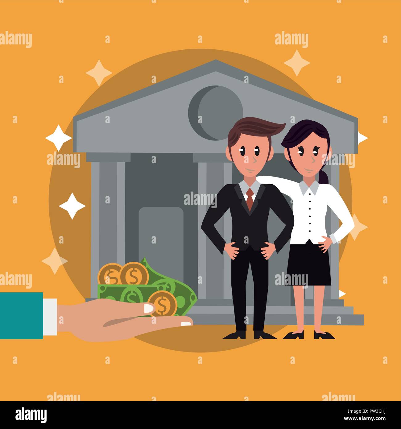 Bankers teamwork over bank building cartoon vector illustration graphic ...