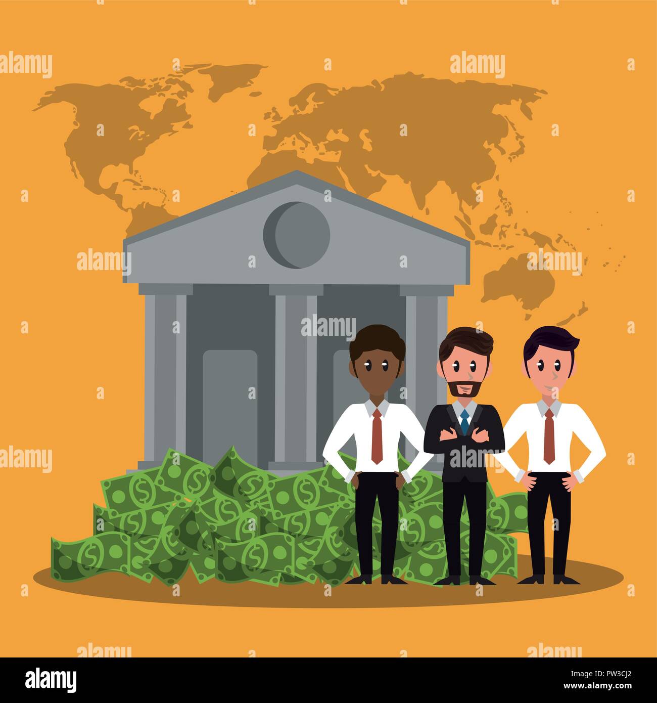 Bankers teamwork over bank building cartoon vector illustration graphic ...