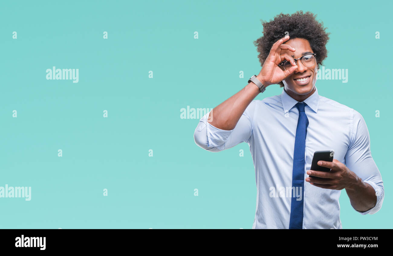 Afro american business man texting using smartphone over isolated ...