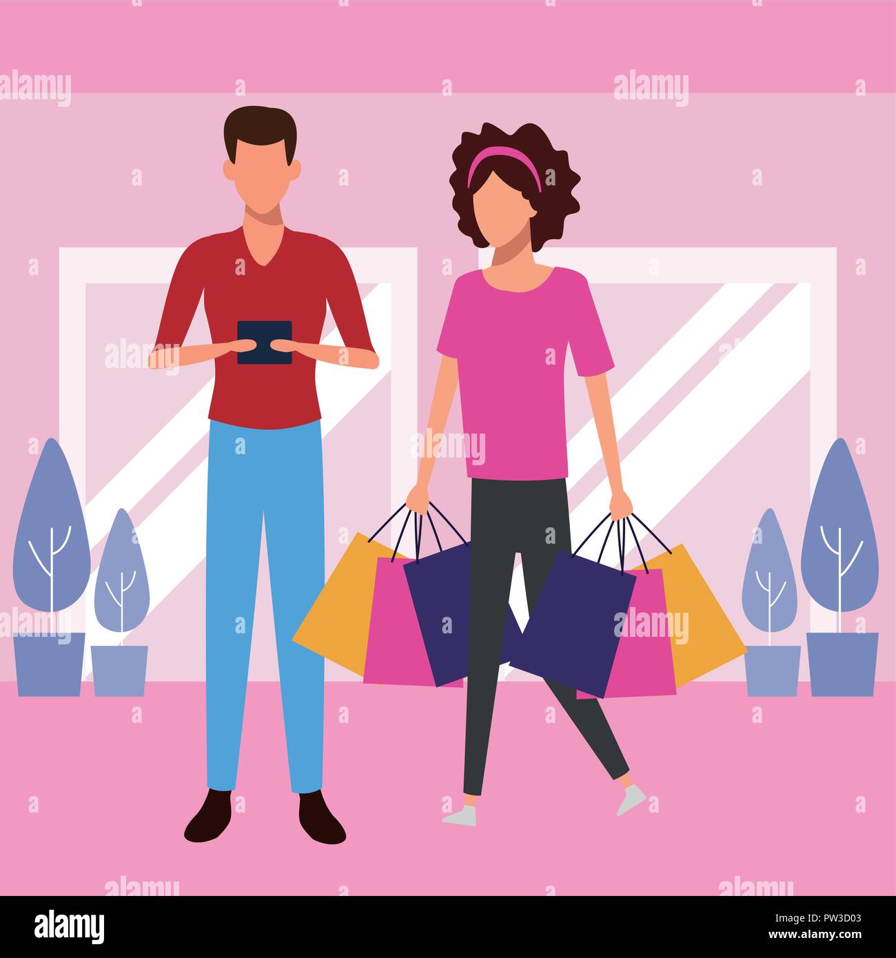 people with shopping bags at mall cartoon vector illustration graphic ...
