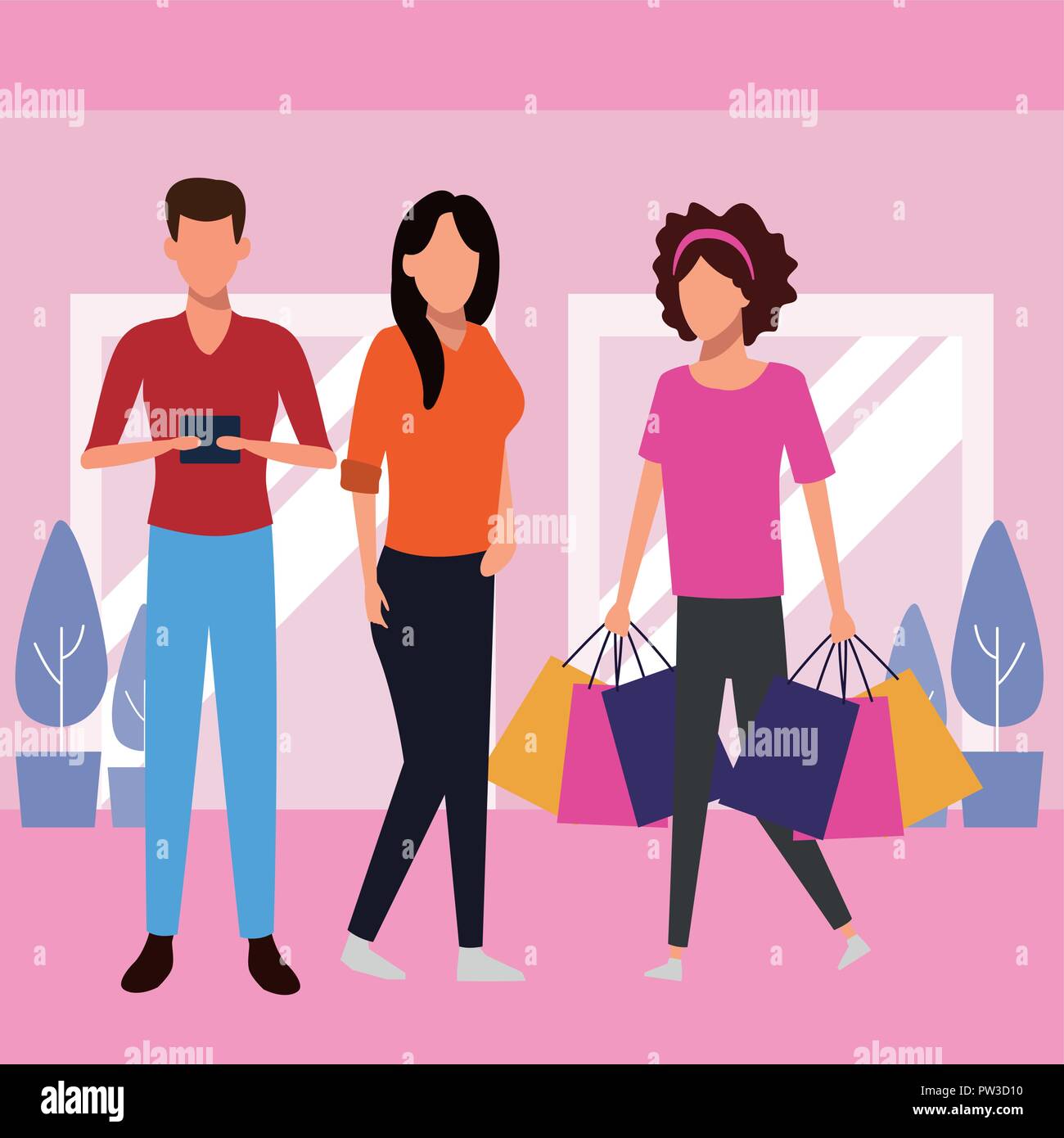 people with shopping bags at mall cartoon vector illustration graphic ...